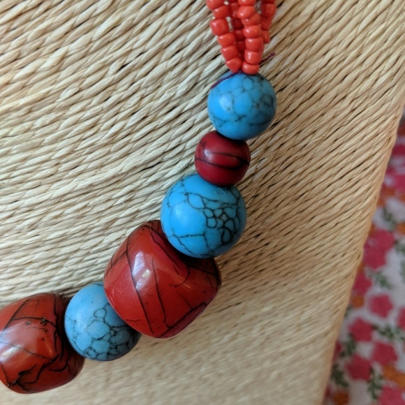 emilie's | Jewelry | Red And Turquoise Handmade Beaded Necklace | Poshmark